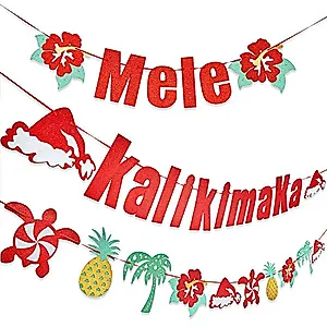 3 Pieces Mele Kalikimaka Banner Hawaiian Christmas Garland Glittering Winter Holiday Party Banner Decor Supplies Mantle Family Home Pre-Strung Decor