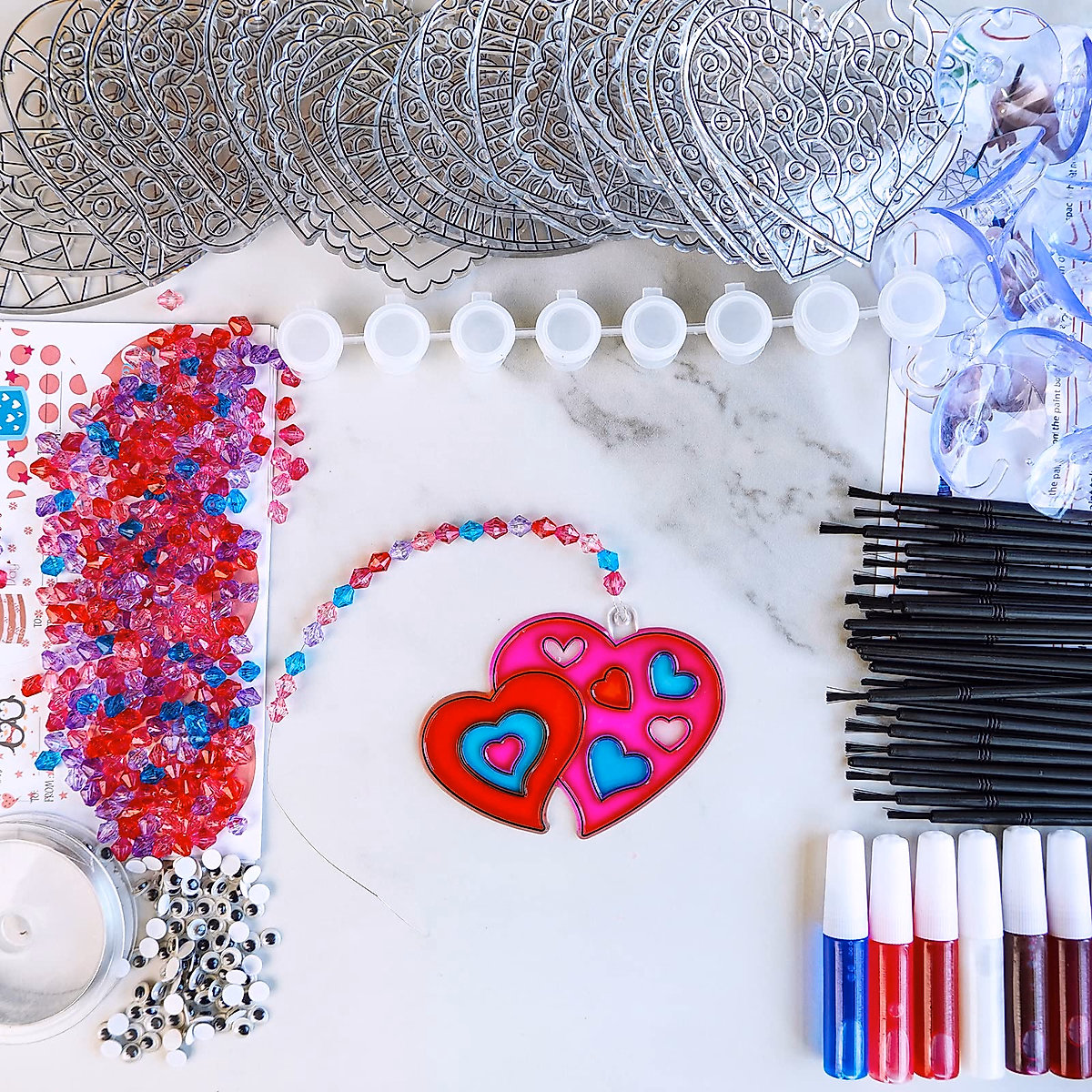 Winlyn 27 Sets Heart Suncatchers Ornaments Decoration DIY Window Paint Art Stickers Craft Kit Heart Sun Catchers for Kids Mother's Day Gift Valentine's Day Classroom Art Project Party Favors