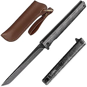 Carimee Pocket Knife with Pocket Clip, Sheath, D2 Steel Blade, Stonewashed Handle, EDC Gentleman Knife for Outdoor, Gift for Men LD02T