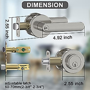 BAOLONG Entry Door Knob and Single Cylinder Deadbolt Lock Comboset,Brushed Nickel Round Locking Lever Handle Set Reversible for Right or Left Door