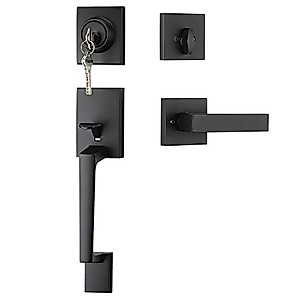 Haidms Black Front Door Handle and Deadbolt Set, Entry Door Handle and Deadbolt Set with Reversible Handle Lever,Front Door Lock Set, Front Door Handles and Locks