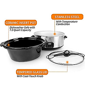 Ateken Slow Cooker 7 Quart Crock Digital Programmable with Clip-tight Lid for Easy Transport Stainless Steel Set Silver