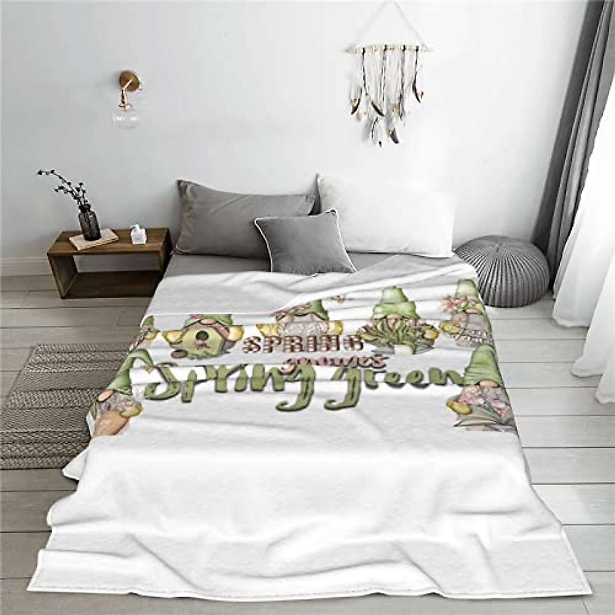 Easter Spring Throw Blanket 60x50inch, Green Gnomes Flannel Fleece Blanket for Sofa Couch, Decorative Warm Blankets for Living Room/Bedroom