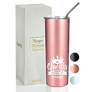 Onebttl Birthday Gifts for Women, Her, Girlfriend, Mom, Best Friends, Aunt, 20oz Stainless Steel Skinny Tumbler with Lid and Straw, Queens are Born in May - Rosegold