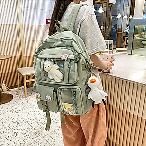 Kawaii Backpack for Girls Cute Aesthetic Backpack with Cute Plush Keychain Badge Pins for Teen Girls School Gift