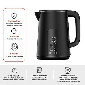 Onlicuf Temperature Control Electric Kettle, 304 Stainless Steel Interior Tea Kettle & Hot Water Boiler with Display, Auto-Off & Boil-Dry Protection, 1.7L, Keep Warm, Fast Boiling, BPA Free.