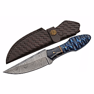 Ocean Ripple Damascus Steel Blade | Grooved Wood 8 inch Hunting Knife