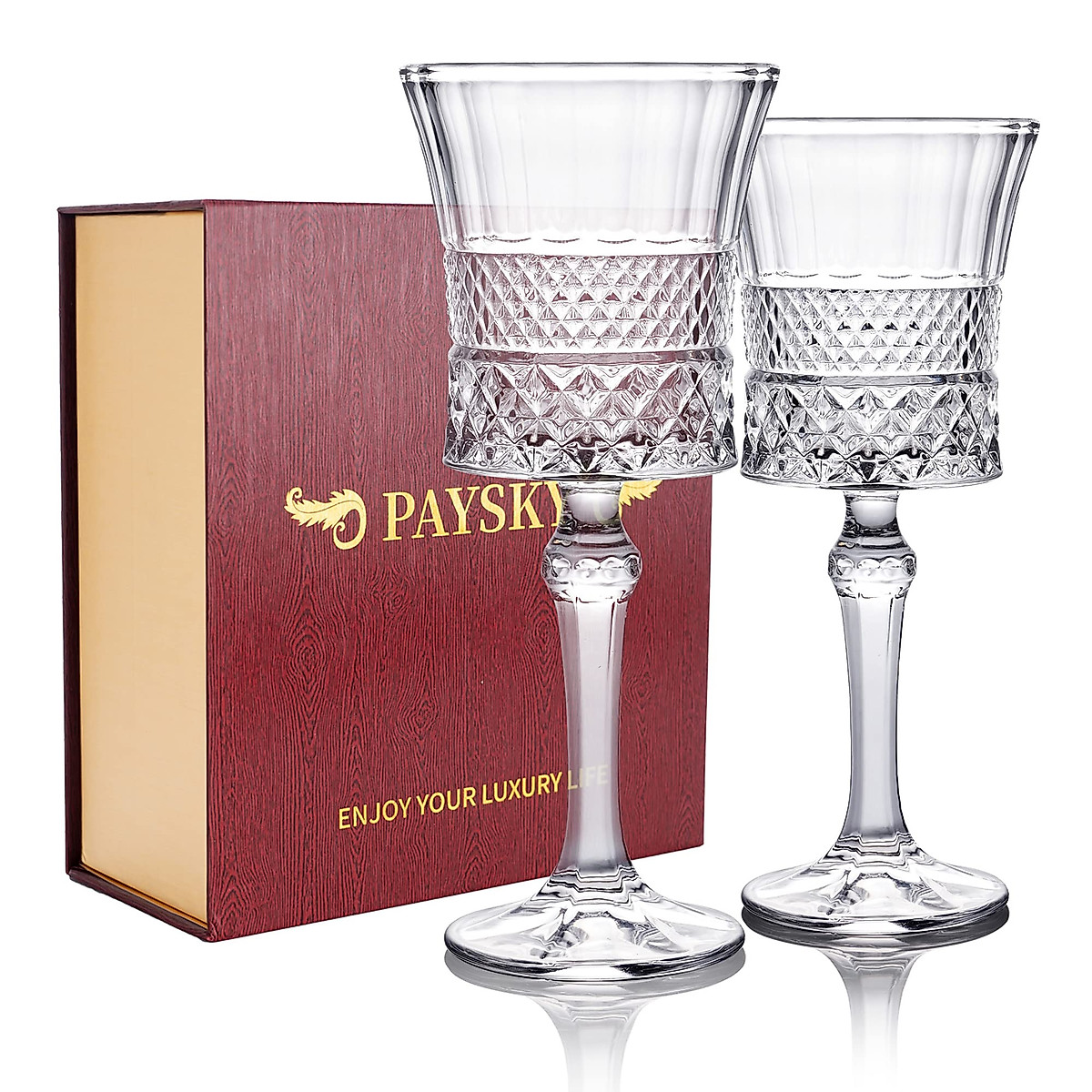 Paysky Wine Glasses Set of 2, Crystal Carving Wine Glass,Elegant Carving Design and Luxury Gift Box is Unique Red Wine Glass Gift for Women or Men 10oz