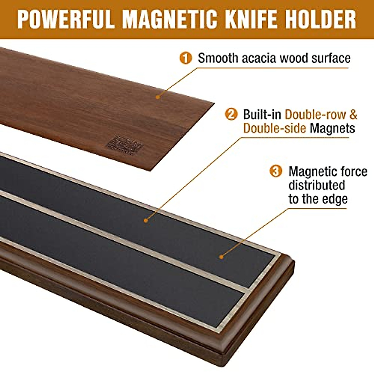 Magnetic Knife Holder for Wall 16 Inch, HOSHANHO Powerful Magnetic Knife Strip, Acacia Wood Magnet Knife Rack for Kitchen Knives & Tools