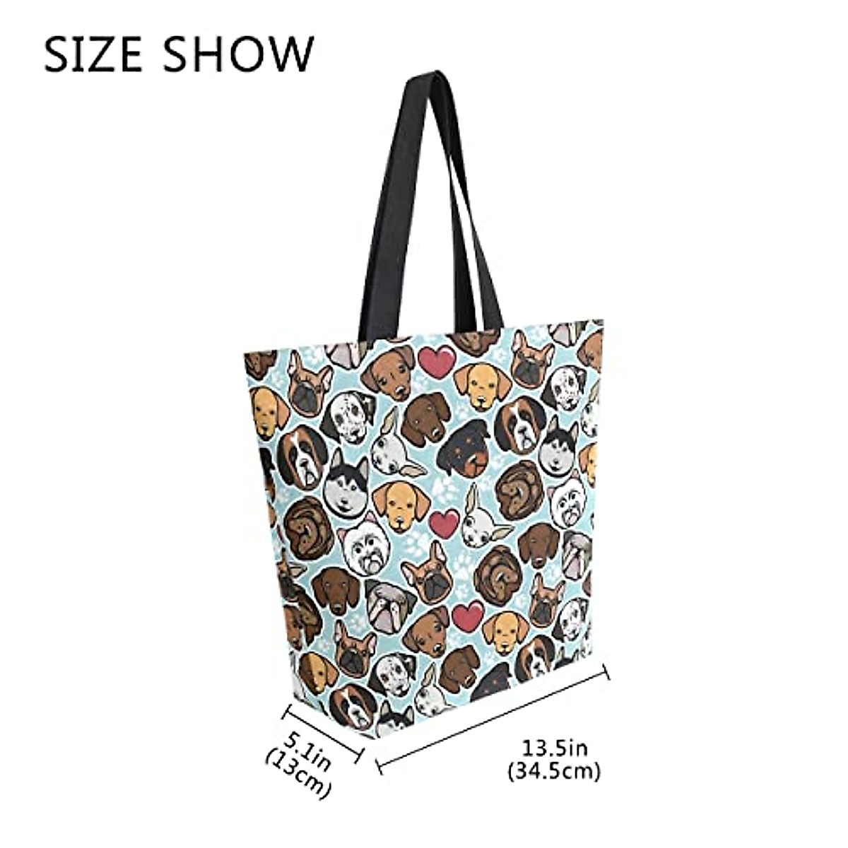 ALAZA Doodle Dog Print Cute Animal Large Canvas Tote Bag Shopping Shoulder Handbag with Small Zippered Pocket