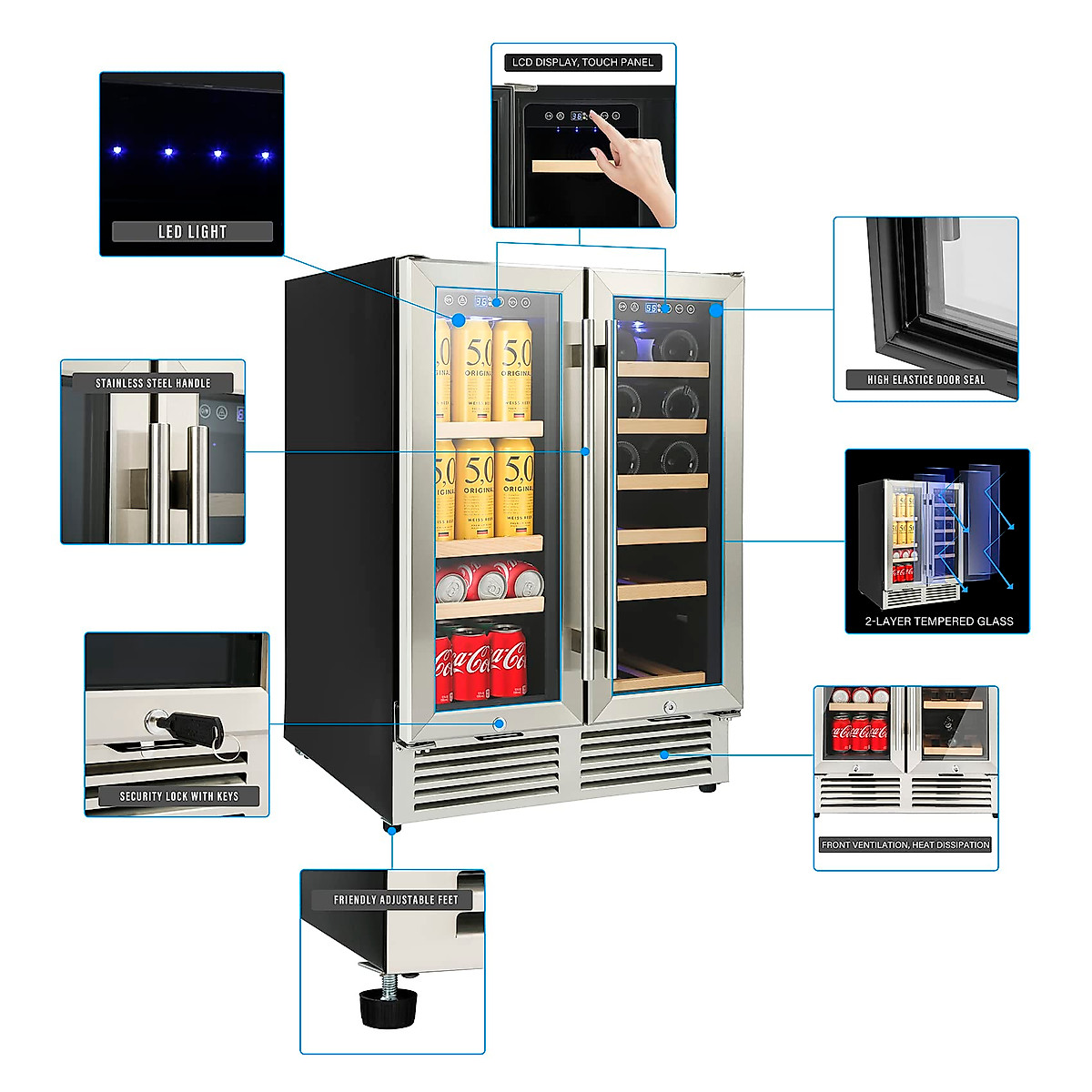 TCFUNDY Wine and Beverage Refrigerator, 2-IN-1 Beverage and Wine Cooler Dual Zone, Holds 18 Bottles and 57 Cans, Independent Temperature Control, Built-In or Freestanding Fridge