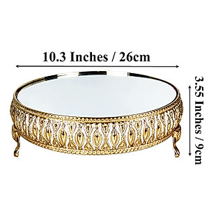 10 Inches 26cm Gold Round Mirror Cake Stand Cupcake Stands Metal Pedestal Holder with Crystals, Party Dessert Cheese Display Plate for Wedding Party Birthday Baby Shower Celebration Home Decoration
