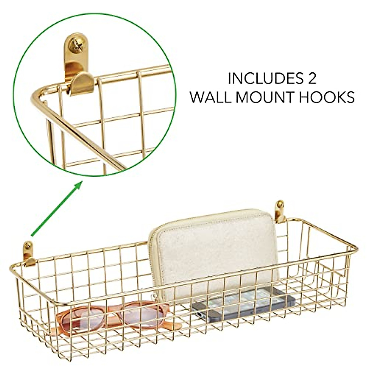 mDesign Wallmount Metal Storage Basket Tray with Handles - Decorative Organizer for Hanging in Entryway, Mudroom, Bedroom, Bathroom, Laundry Room - Small - Hooks Included - Soft Brass