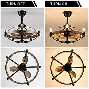 MADSHNE 24" Caged Ceiling Fan with Lights and Remote,Small Rustic Farmhouse Ceiling Fan,Black Bladeless Candle Chandelier Ceiling Fan, Reversible (Bulbs Included)