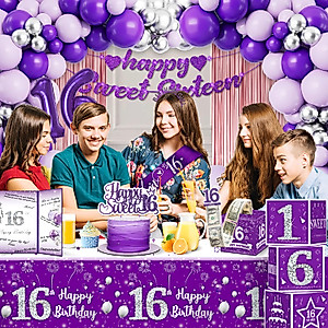 cocomigo 140pcs Sweet 16 Birthday Decorations for Girls, Purple Sweet 16 Party Decorations include Banner Light Balloons Tiara Sash Caketopper Guest Book Money Pull Box tablecloth Foil Fringe Curtain