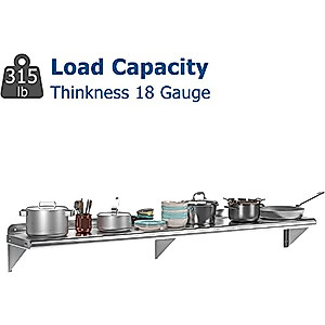 NSF Stainless Steel Wall Shelf, 315 lbs Load Heavy Duty Commercial Wall Mount Shelving, 12'' x 60'', Metal Kitchen Rack for Restaurant, Home, Kitchen, Hotel, Laundry Room, Bar