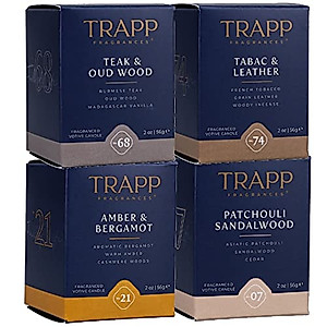 Trapp 2oz Votive Scented Candle Cozy Earthy Aromas Variety, Set of 4 - Scents Include No. 74 Tabac & Leather, No. 21 Amber Bergamot, No. 07 Patchouli Sandalwood, No. 68 Teak & Oud Wood