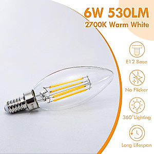 LEDIKON 12 Pack Dimmable E12 LED Candelabra Bulbs 60W Equivalent,2700K Soft Warm White Chandelier Light Bulbs,6W 530 Lumens Candle Light Bulbs for Chandelier Ceiling Fans