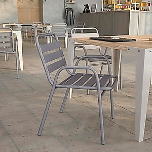 Flash Furniture Lila Commercial Restaurant Stack Chair with Triple Slat Back and Arms, Indoor-Outdoor Dining Chair, Silver