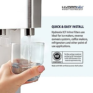 Hydronix ICF-10 Inline Post Activated Carbon Water Filter Replacement Cartridge with 1/4-Inch NPT for Refrigerator, Ice Maker, RO Reverse Osmosis System, 2000 Gallons - 1 Year Capacity (3 Pack)