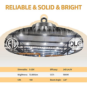 4 Pack 500W UFO Led High Bay Light 72500lm 5000K 1-10V Dimmable High Bay Led Lights Led High Bay Lights Alternative to 1600W MH/HPS for Gym Factory Warehouse Shop Garage