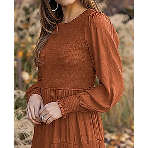 Tobrief Fall Dresses for Women Casual Smocked Beach Long Sleeve Midi Long Dress Rust L