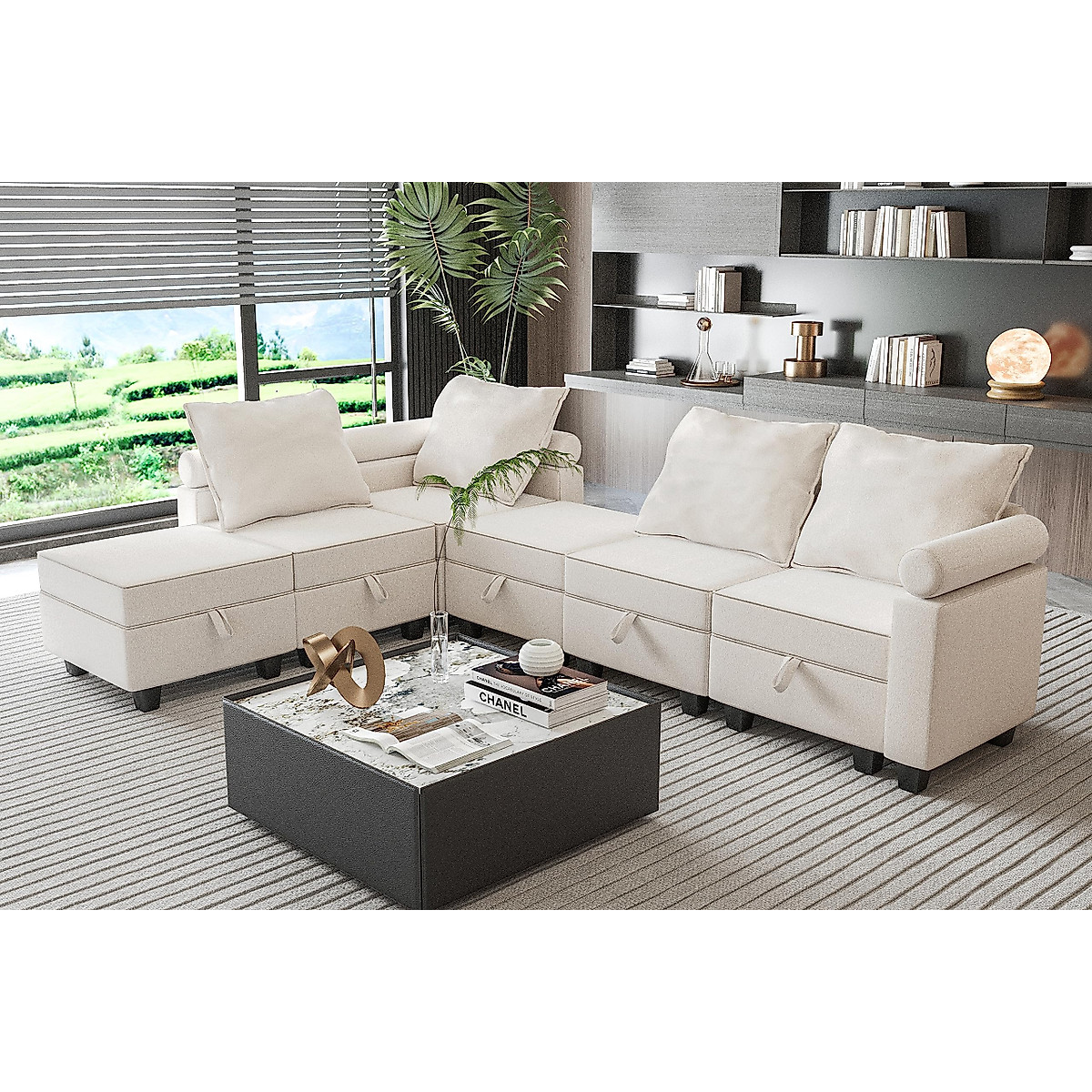 Tbfit Modular Sectional Sofa with Storage Ottoman, Convertible Oversized U Shaped Couch with Reversible Chaises, Sleeper Sofa with Adjustable Arm for Living Room, Beige