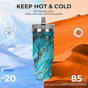 30 Oz Tumbler with Handle And Straw, Turquoise Blue Gold Marble Leakproof Stainless Steel Water Bottle for Hot & Cold Drinks 24 Hours, Car Cup Holder Friendly, Travel Mug for Home, Office, Gym