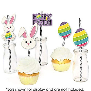 Hippity Hoppity Paper Straw Decor - Easter Bunny Party Striped Decorative Straws - Set of 24