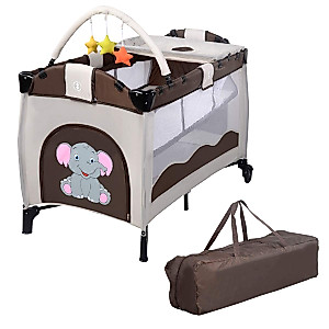 BABY JOY 3 in 1 Pack and Play, Portable Playard with Hanging Toys, 2 Lockable Wheels Diaper Changing Table, Foldable Travel Bassinet Bed (Coffee)
