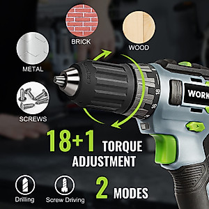 WORKPRO 20V Cordless Drill Driver Kit, 3/8'' Keyless Chuck, 2.0 Ah Li-ion Battery, 1 Hour Fast Charger and 11-inch Green Storage Bag Included