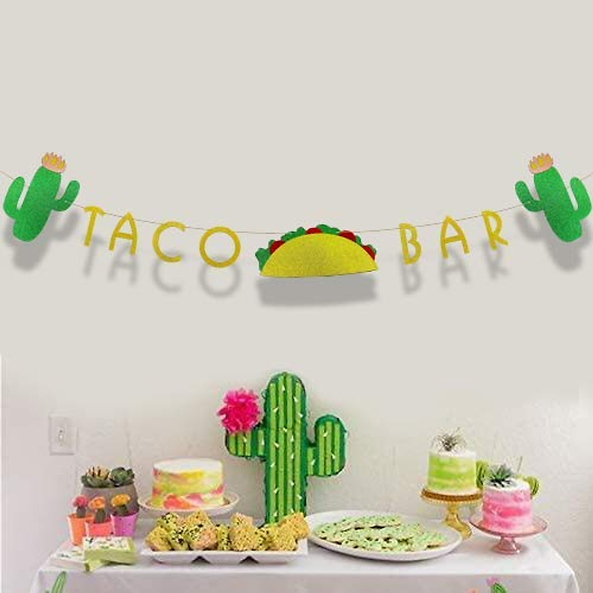 HAKPUOTR Taco Bar Banner with Cactus and Taco, Mexican Theme Birthday/Baby Shower/Bridal Shower/Engagement, Party Decorations, Fiesta Themed Party Taco Bar Décor