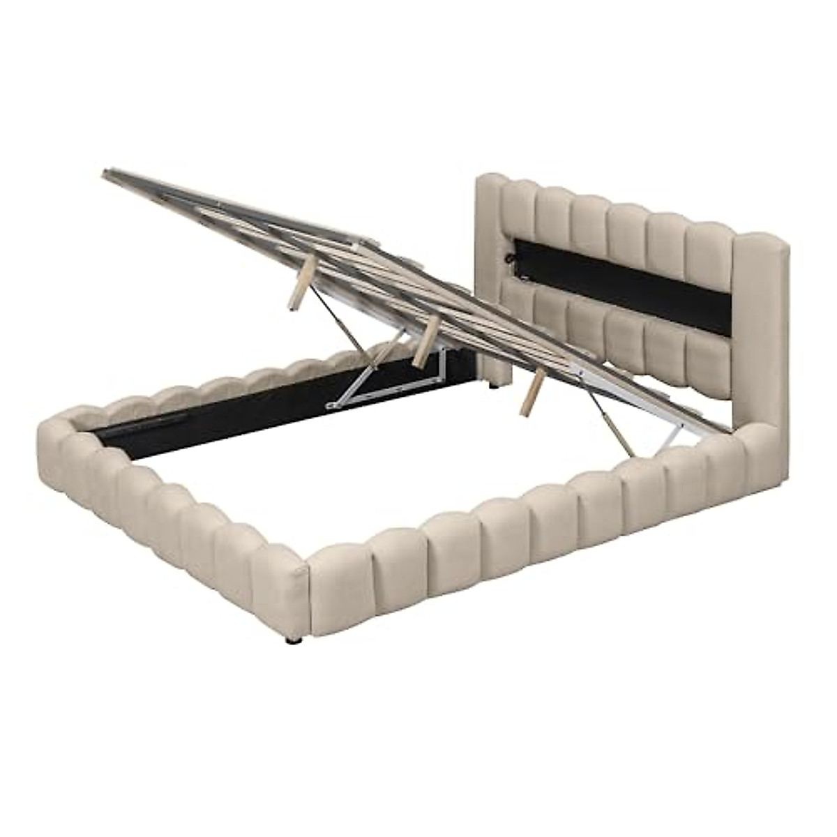 GLORHOME Queen Size Upholstered Platform Bed with LED Headboard and USB Charging Ports, Wooden Bed Frame，Beige