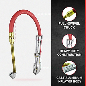 Milton S-506 Original Service Station Tire Inflator and Air Pressure Gauge, Dual Head Chuck, 1/4" NPT, 15" Rubber Hose, 10-160 PSI