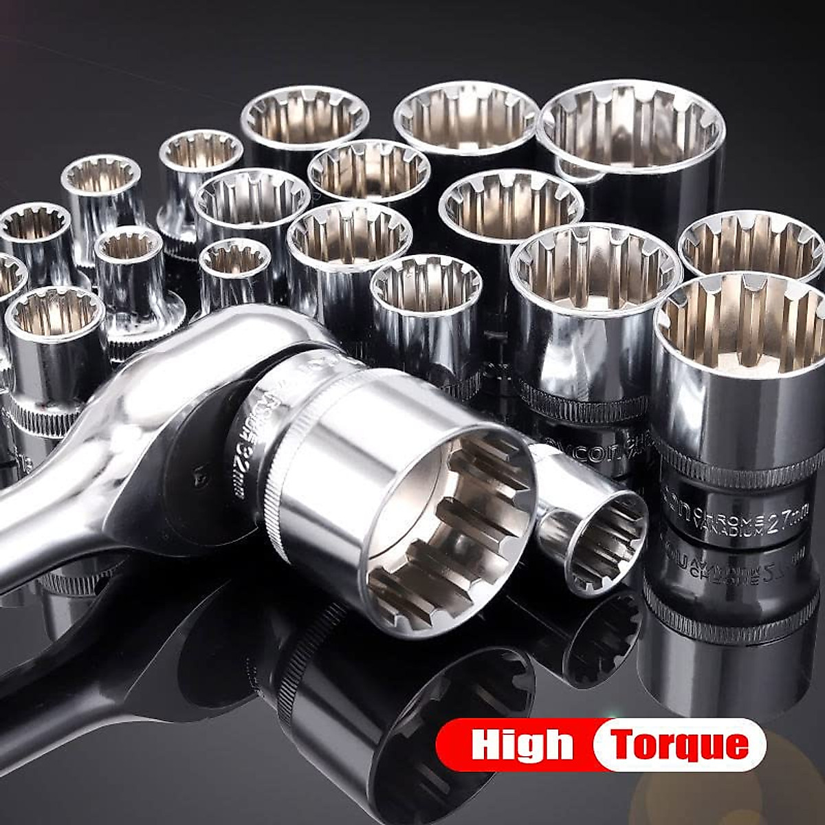 Spline Socket Set 1/2" Drive Universal Metric 8-32mm 12-point Cr-V Socket Set 19pcs