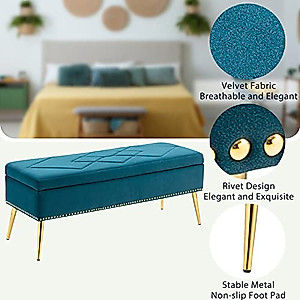 MOJAY Modern Velvet Storage Ottoman Bench, Upholstered Footrest with Rivet Decoration Table Dining Stool with Golden Legs for Entryway Dining Room Living Room Bedroom (Dark Green)