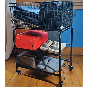 HENNZE Rolling Laundry Basket on Wheels,3 Tiers- Garment Storage Cart,Easy Moved Basket for Organizer,Black Metal Basket with Wheels, Garment Metal Rack for Clothes Wash and Dry Sort（Black