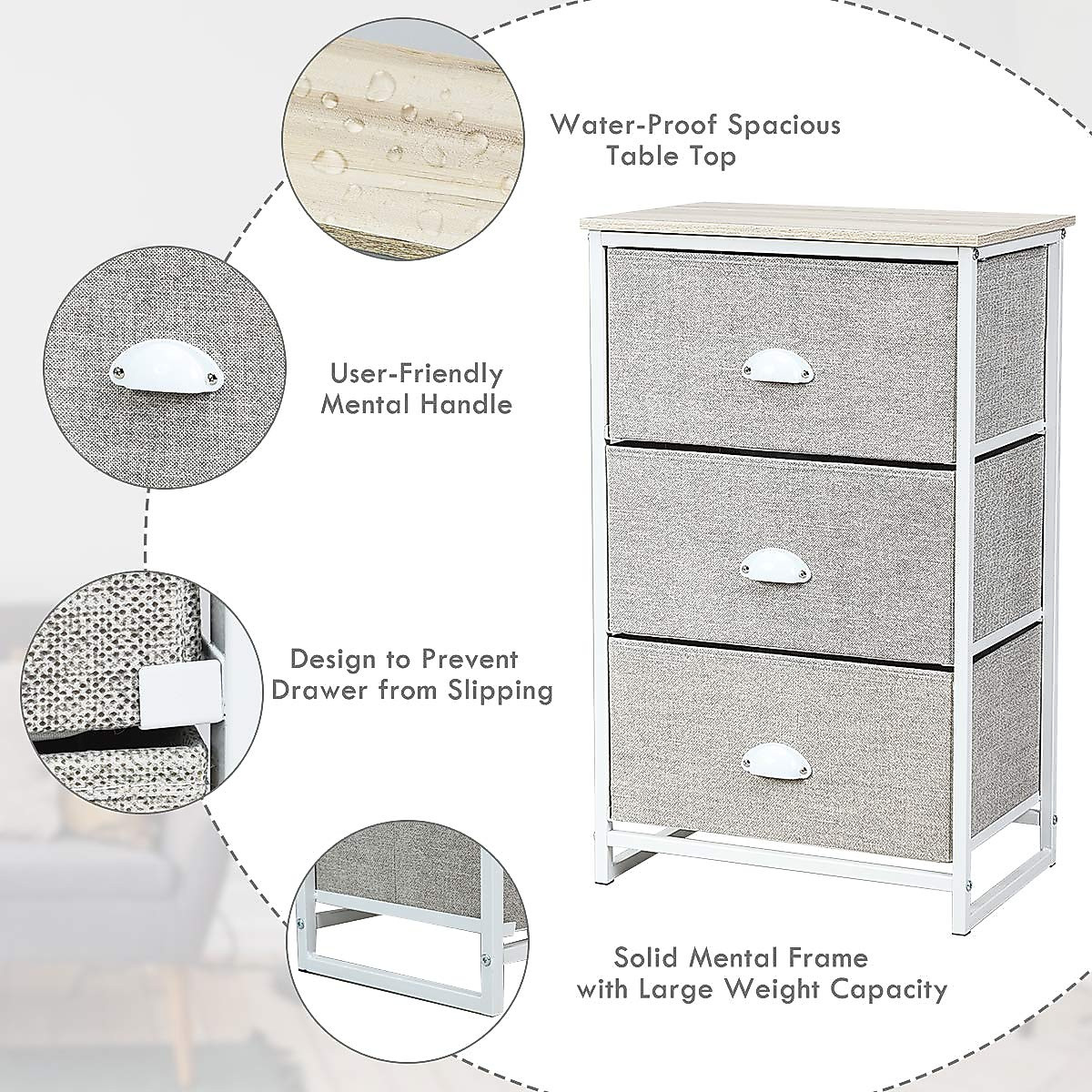 Giantex Dresser Storage Tower Nightstand W/Fabric Drawers, Sturdy Steel Frame and Wood Top Organizer Unit for Bedroom, Living Room, Entryway,Closets End Table Storage Unit (29’’(H), White)