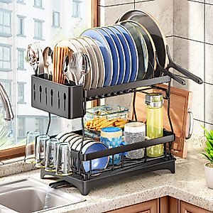 Dish Drying Rack, Detachable 2 Tier Dish Racks for Kitchen Counter with Pot Rack, Large Capacity Dish Drainer with Drainboard Organizer Shelf with Utensil Holder, Cup Rack, Cutting Board Holder, Black