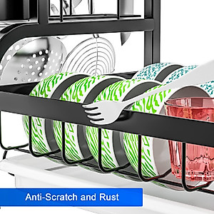 Astoryou Dish Drying Rack, 2 Tier Dish Racks for Kitchen Counter, Rust-Resistant Drying Rack Kitchen Dish Drainers with Drainboard ,Utensil Holder and Cutting Board Holder, Black