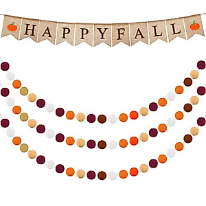 Fall Burlap Banner with 3 Pieces Fall Pom Pom Garland Wool Felt Ball Garland Thanksgiving Decoration for Harvest Time Autumn Theme Party Thanksgiving Supplies