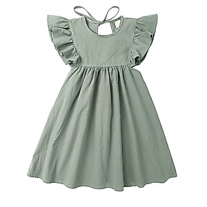 Toddler Baby Girl Dress Summer Cotton Linen Ruffle Halter Sleeveless Kids Casual Beach Party Dresses 2-7 Years (Grey Green, 4-5T, 4_Years)