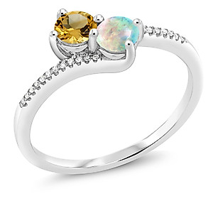 Gem Stone King 10K White Gold Forever United 2 Stone Yellow Citrine and White Simulated Opal and Diamond Engagement Ring For Women (0.68 Cttw, Round, Avaiable in Size 5,6,7,8,9)