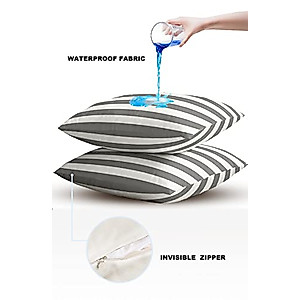 Outdoor Pillows 16x16 Waterproof Outdoor Pillow Covers,Grey Striped Horizontal Geometric Polyester Throw Pillow Covers Garden Cushion for Patio Couch Decoration Set of 2,Farmhouse Stripes Gray