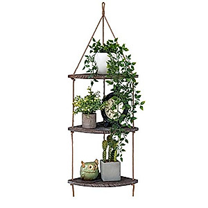 TIMEYARD Hanging Corner Wall Shelf, Distressed Brown Wood Jute Rope Floating Shelves, Farmhouse Storage Organizer Rack Rustic Home Decor for Living Room Bedroom Bathroom Kitchen