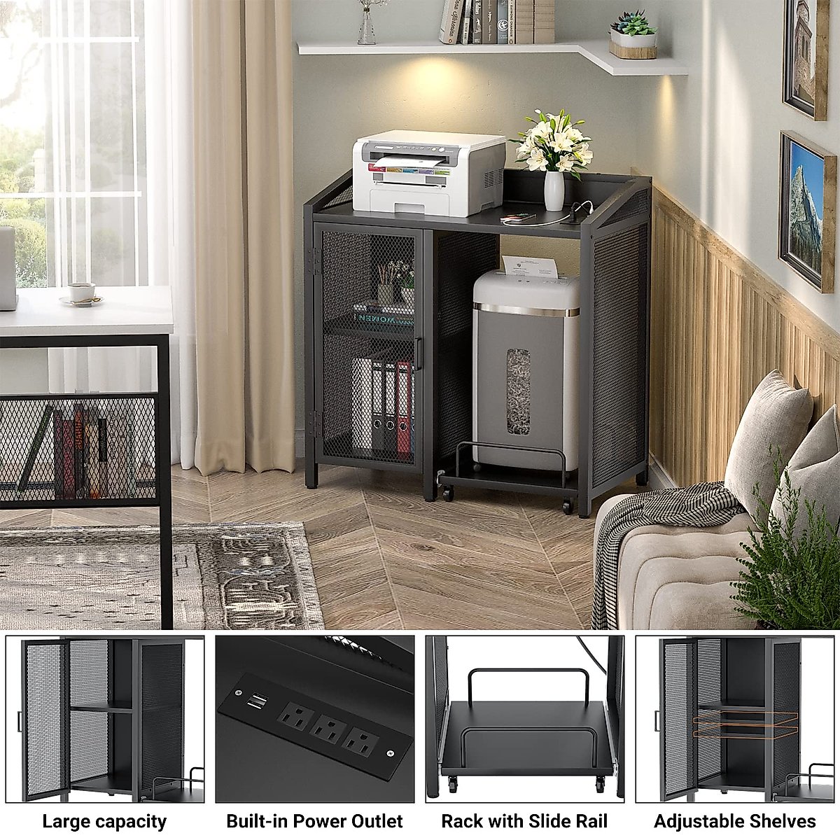 Unikito File Cabinet with Paper Shredder Stand On Wheel, Modern Vertical Filing Cabinet with Socket and USB Charging Port, Large Printer Stand with Adjustable Storage Shelf Rack for Home Office, Black