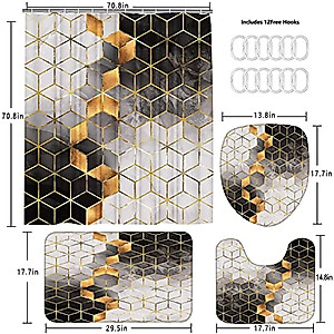 LQCOOL 4Pcs Black Gradient Shower Curtain Set,Black Marbling Shower Curtain Set Golden Cubic Lines Bathroom Set Texture Modern Art Bath Accessories with Mats