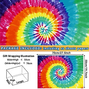Bolsome Colorful Tie Dye Wrapping Paper Rainbow Gift Wrap Paper for Birthday Christmas Baby Shower DIY Craft, 19.7 x 27.6'', Folded Flat, 12 Sheet