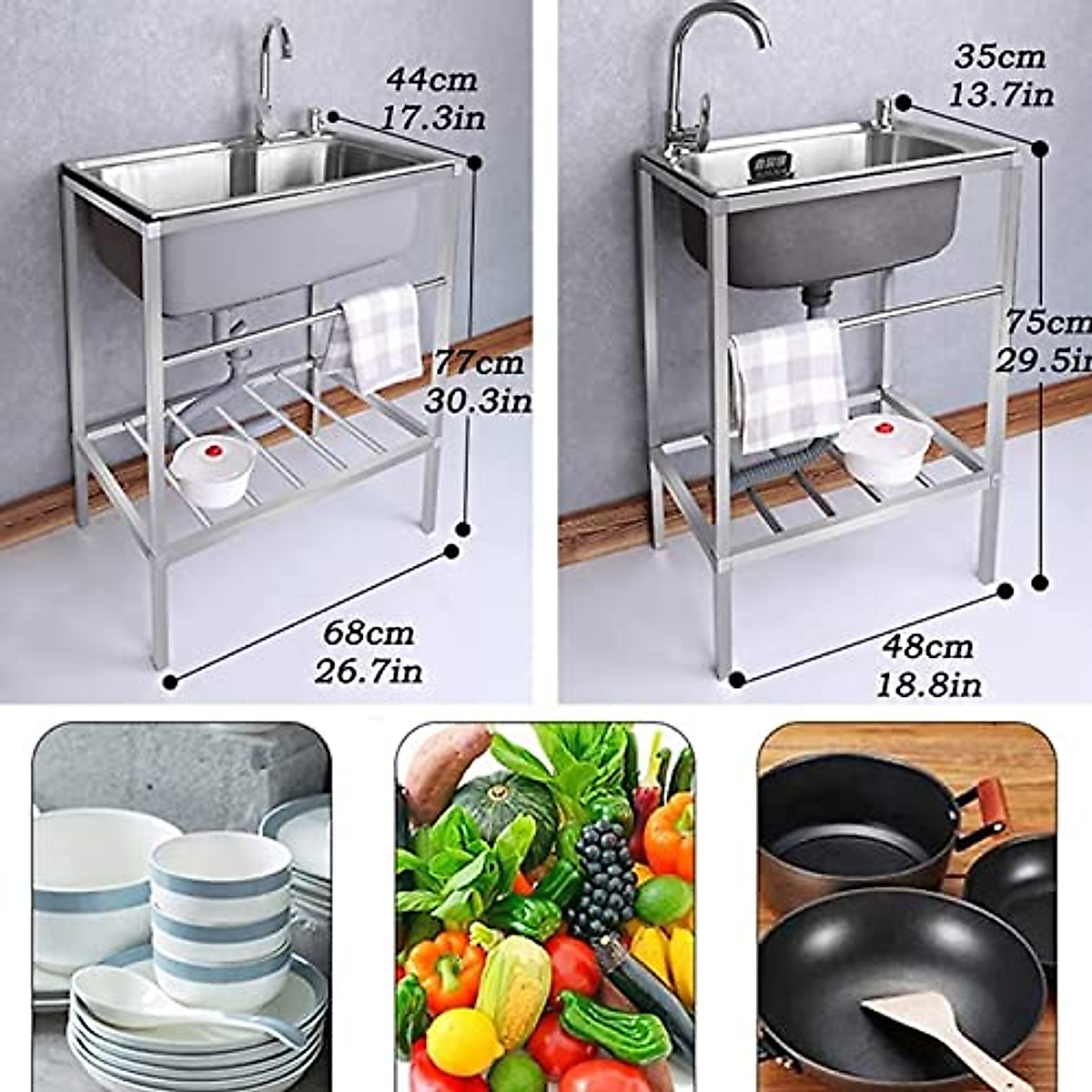 Utility Sink Free Standing Single Bowl Kitchen Sink Stainless Steel Laundry Hand Washing Sink, Portable Outdoor Camping Dish Washing Station For Garage Restaurant Room Bathroom Farmhouse ( Size : 54*4