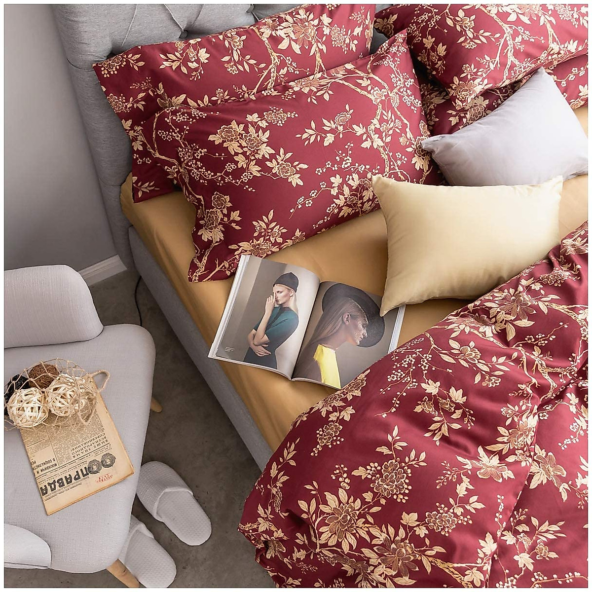 Eastern Floral Chinoiserie Blossom Print Duvet Quilt Cover Navy Blue Tan White Asian Style Botanical Tree Branches Ornamental Drawing 400TC Egyptian Cotton Bedding Set Garnet, Twin